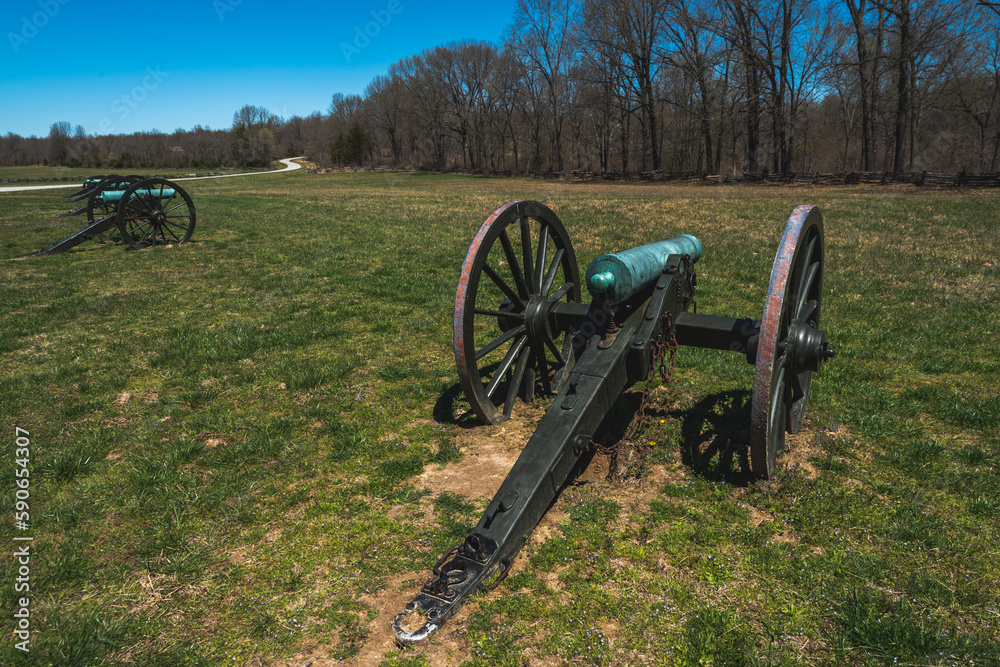 Pea Ridge, AR—April 8, 2023, row of bronze cannons mark the site of ...
