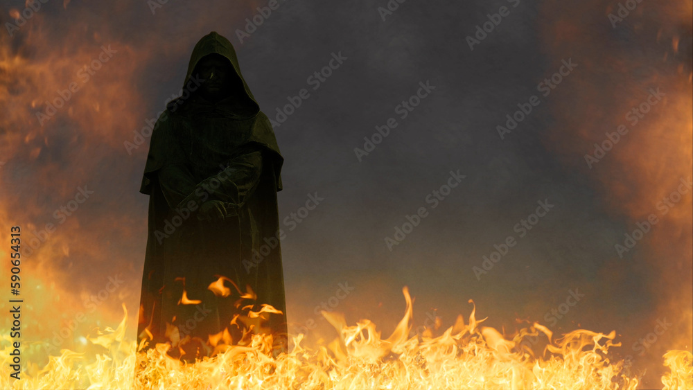 Dark Hooded Figure in Hell features a dark statue figure in a hooded ...