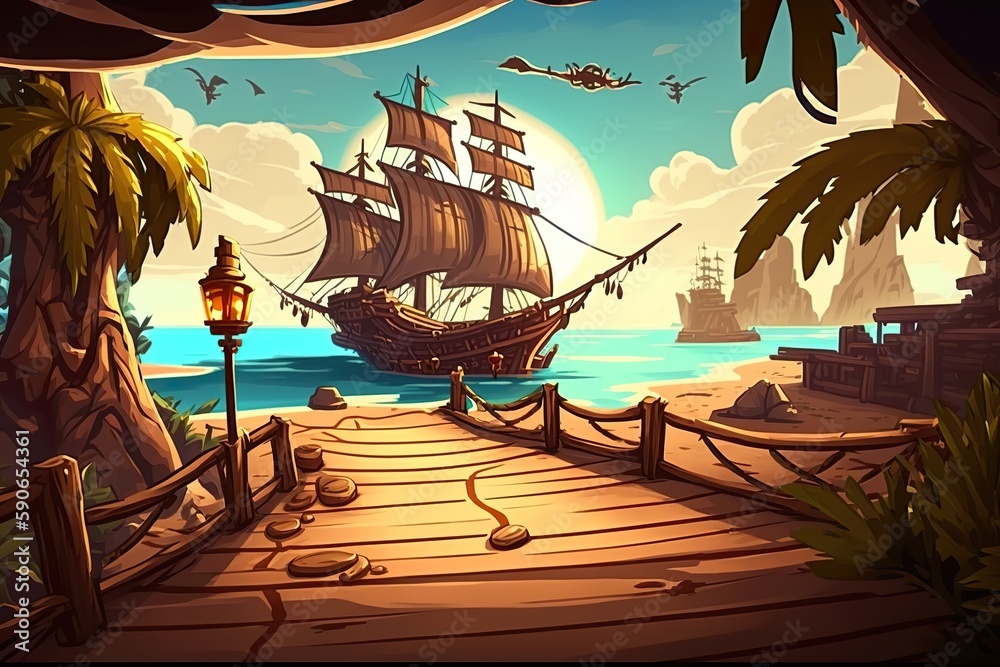 2D pirate ship deck background environment for a battle arena mobile ...