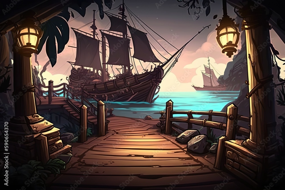 2D pirate ship deck background environment for a battle arena mobile ...