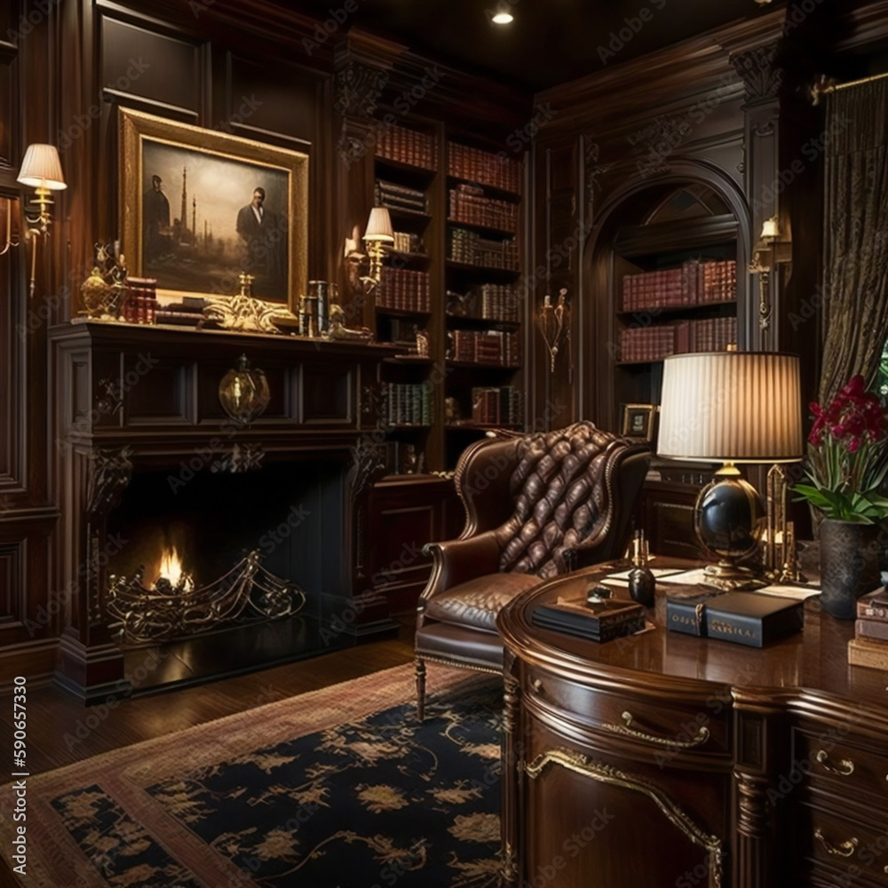 A sophisticated, traditional study room with dark wood paneling, a ...