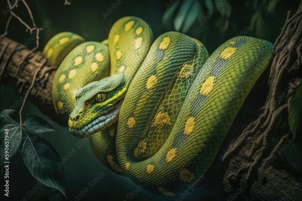 A green tree python snake is ready to attack from a branch ...