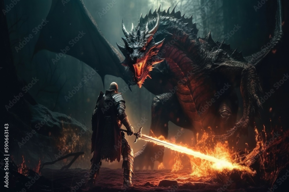 An epic battle between a knight and a dragon. AI generated, human enhanced Stock Illustration ...