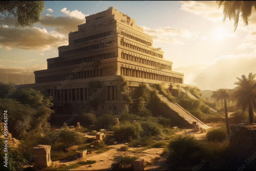 Ancient city of Babylon with the tower of Babel, bible and religion. AI ...