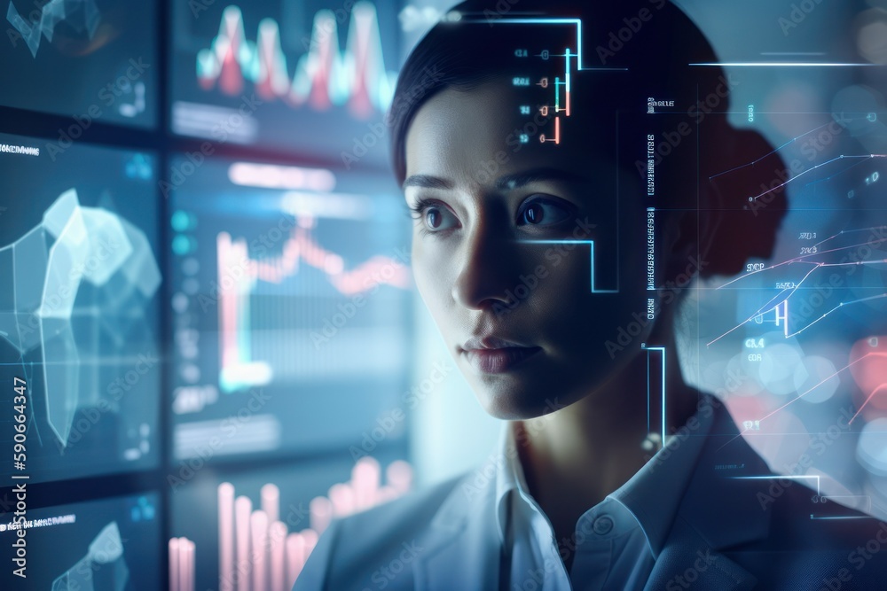 Woman doctor in a virtual analytical data center of futuristic medicine ...