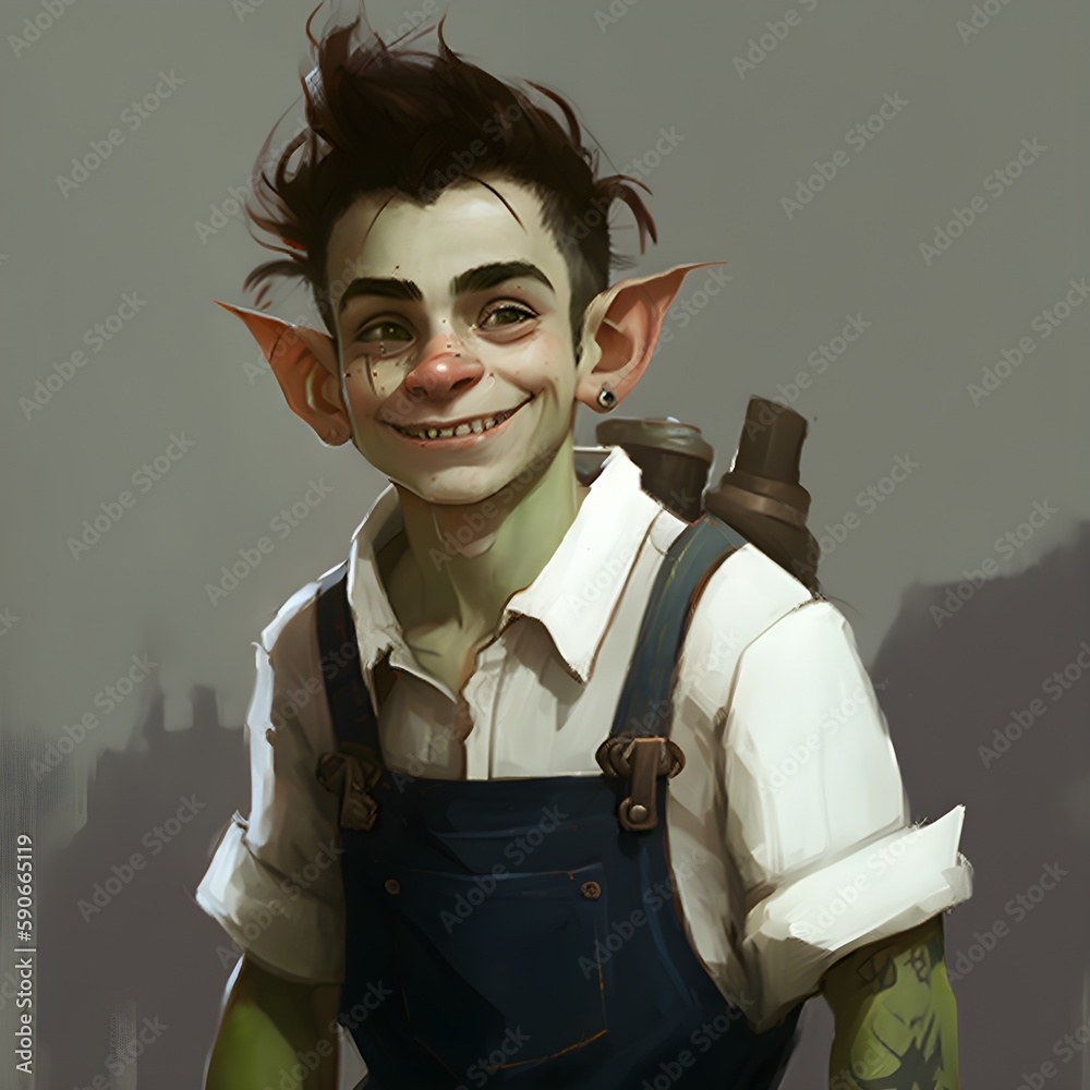 A 12 year old skinny orc character wearing overalls and a white shirt ...