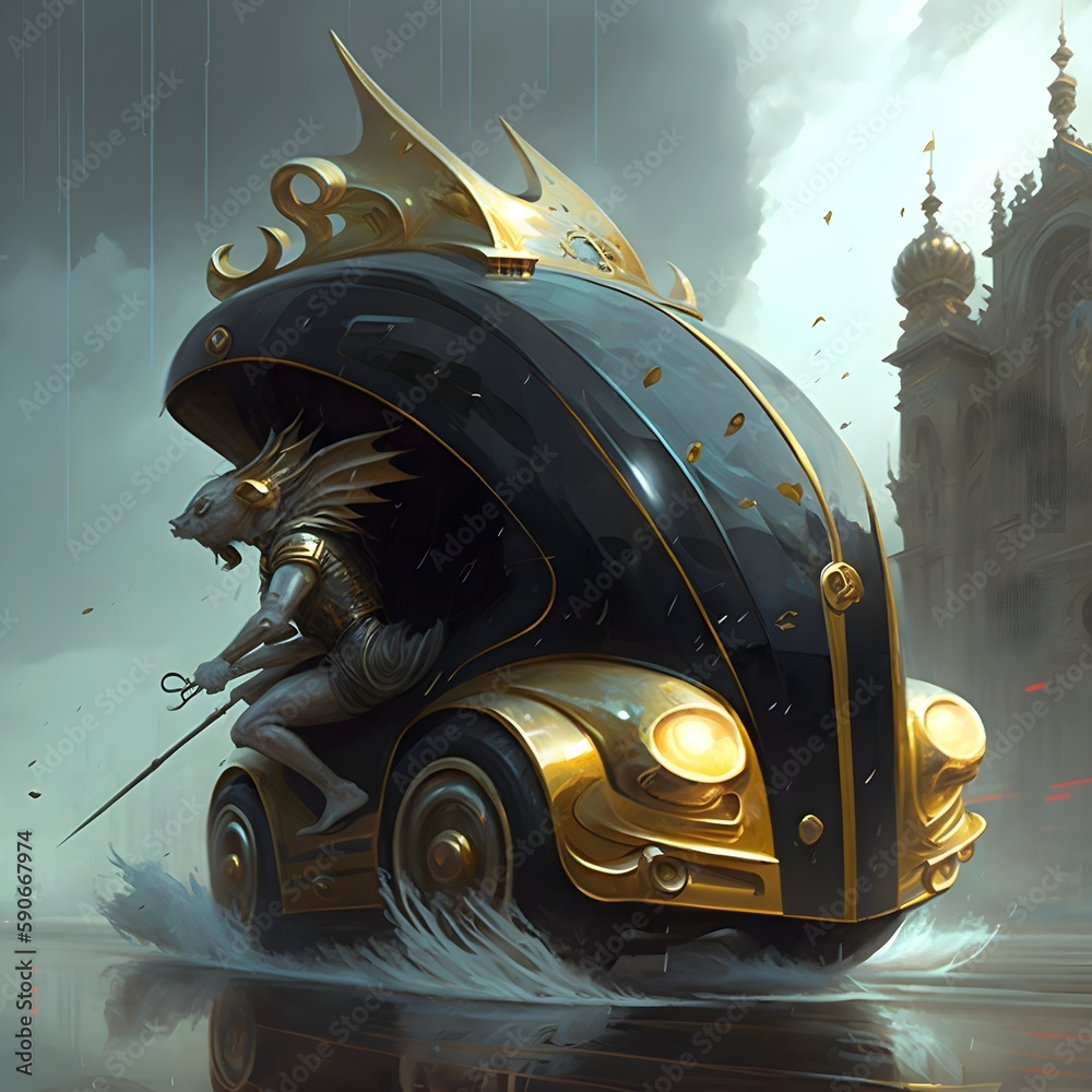 Angelarium inspired futurstic hearse driving fast on the wet streets of ...