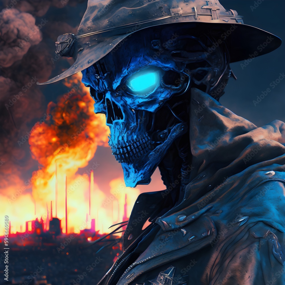 skeleton paladin space outlaw on fire facing right retrocore blue eyes ...