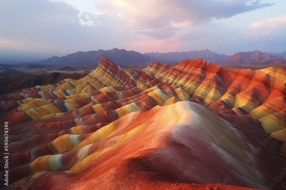 Sunset above Rainbow Mountain is a sight to behold. Locale Zhangye ...