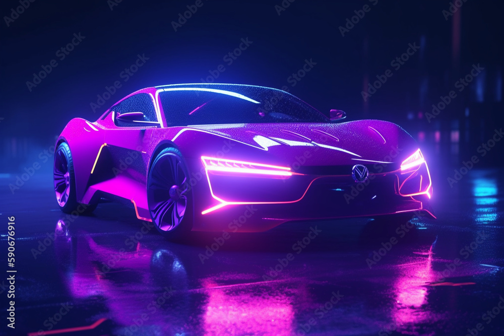 New sports cyber neon car rushes along the night road with neon lights ...