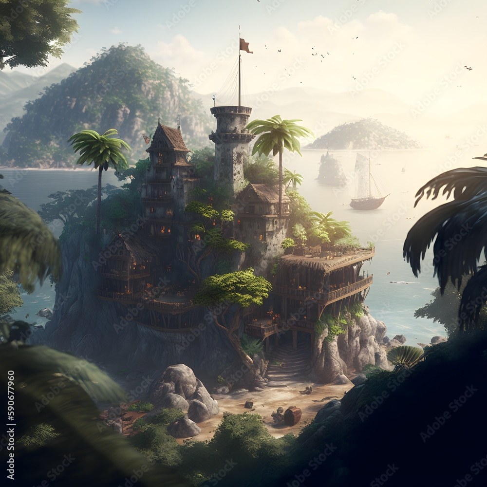 a pirate stronghold overlooking a town in a tropical landscape hyper ...