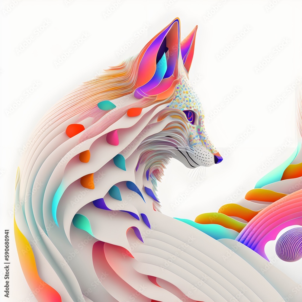 A close up of a rainbow kitsune on a minimal white background digital ...