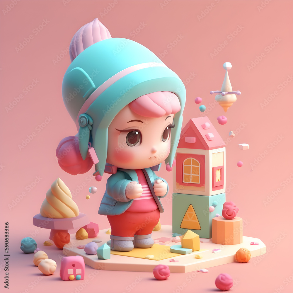 small anime girl in a soft pink dress with a small rock, in the style ...