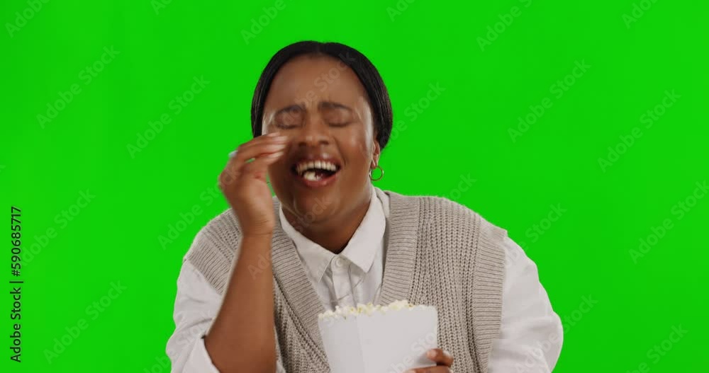 Laugh, popcorn and eating with black woman on green screen for watching ...
