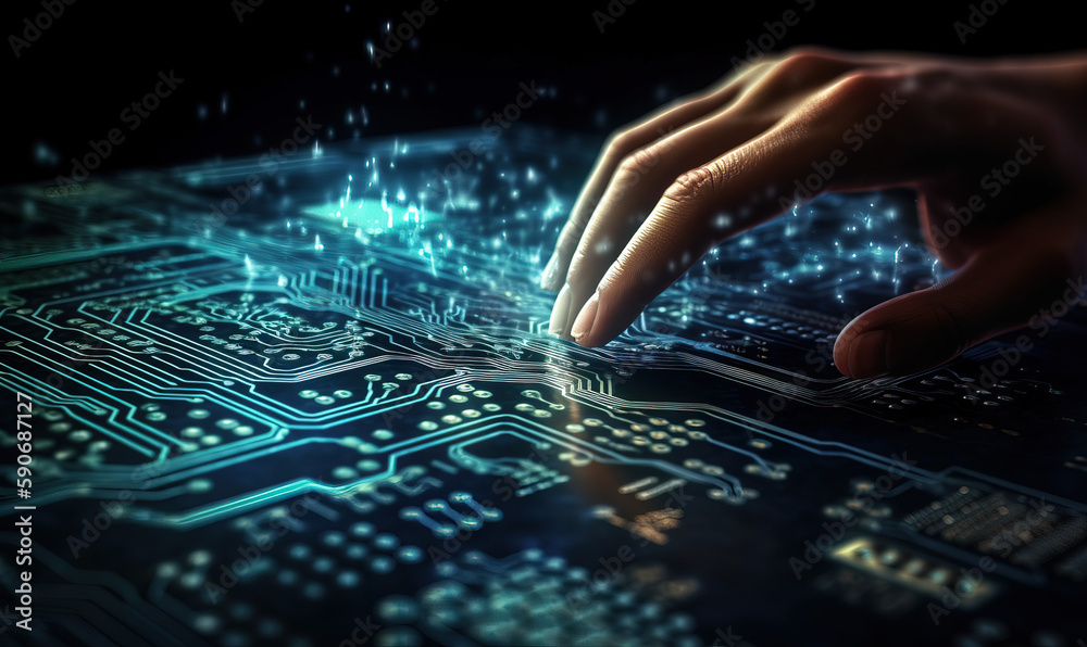 hand of human touching digital world circuit board, AI technology ...