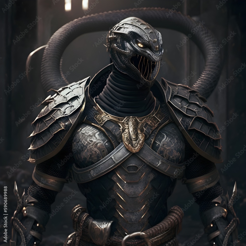 human cobra snake character with metal body armour stand on the midle ...