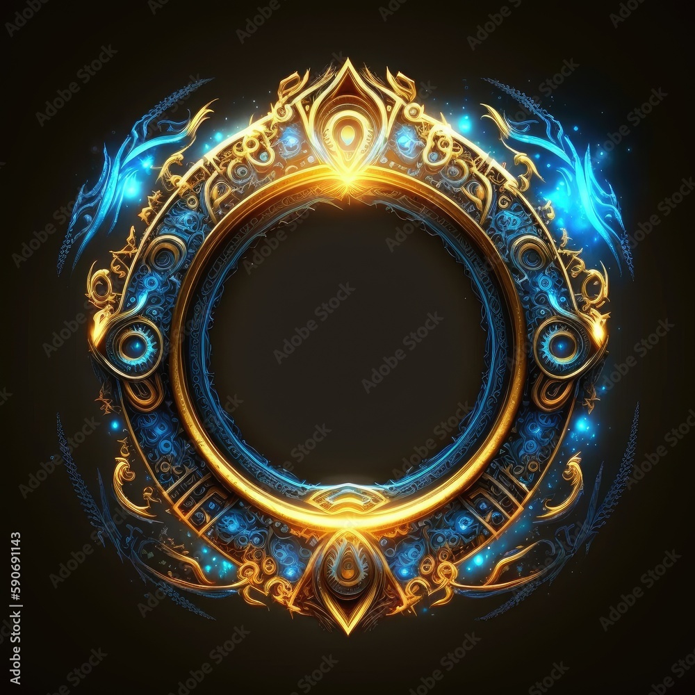 Abstract art of thick glowing golden and blue circle frame with vivid ...