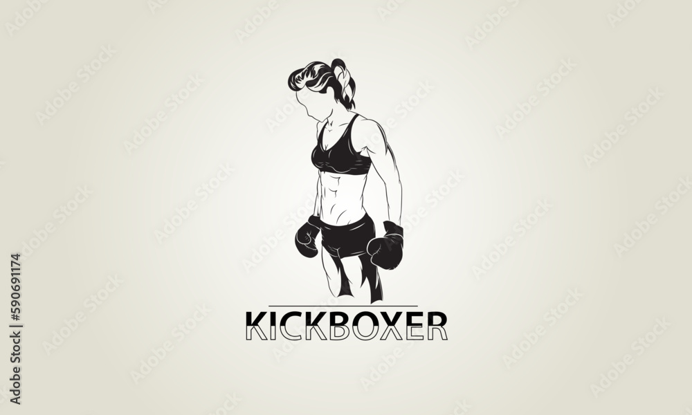 Female kickboxer. Poster. Logo. Black and white vector image of an ...