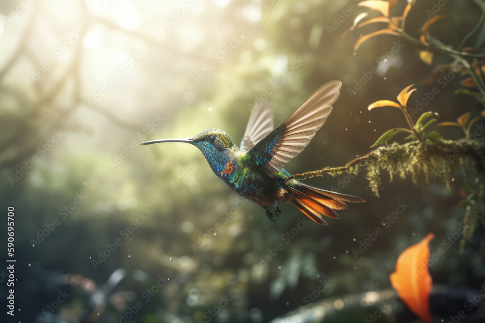 Colorful hummingbird flying in a natural garden habitat, surrounded by ...
