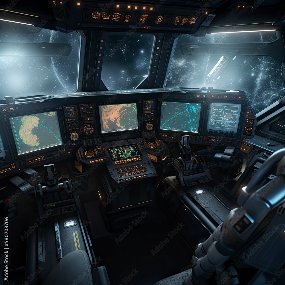 an empty spaceship cockpit with detailed controls and a great view into ...
