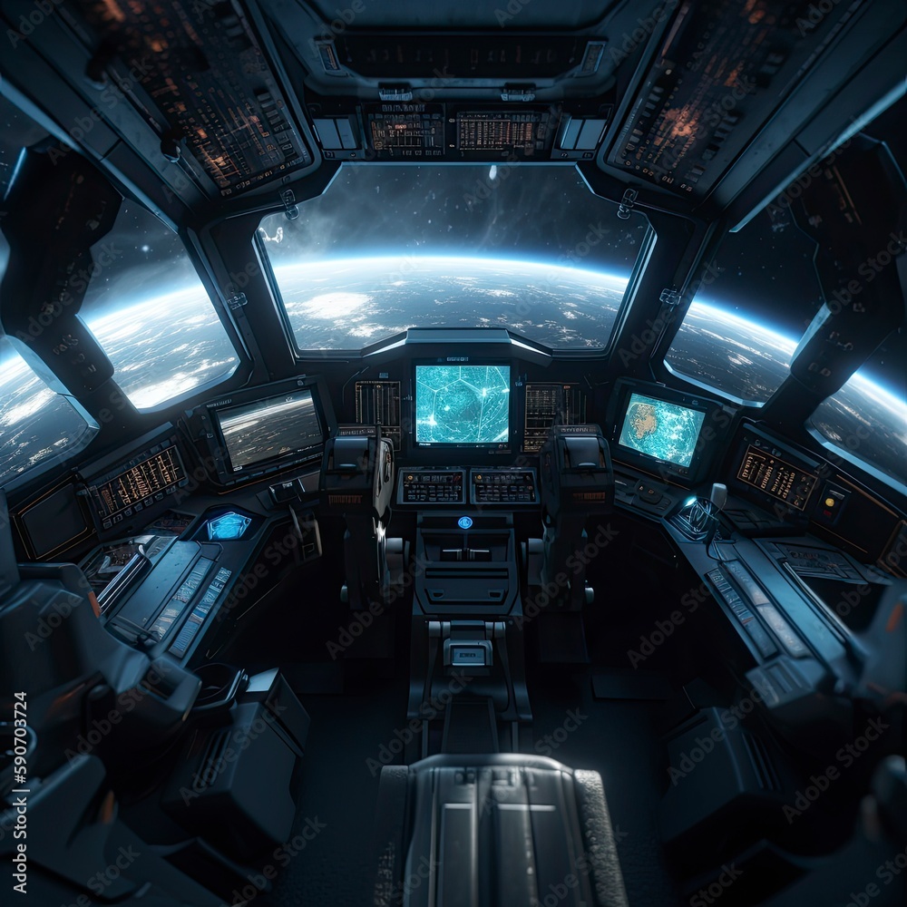 an empty spaceship cockpit with detailed controls and a great view into ...