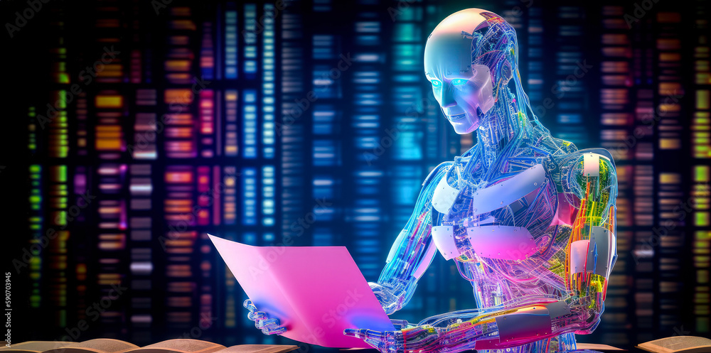 An advanced futuristic artificial intelligence holographic chatbot in a ...