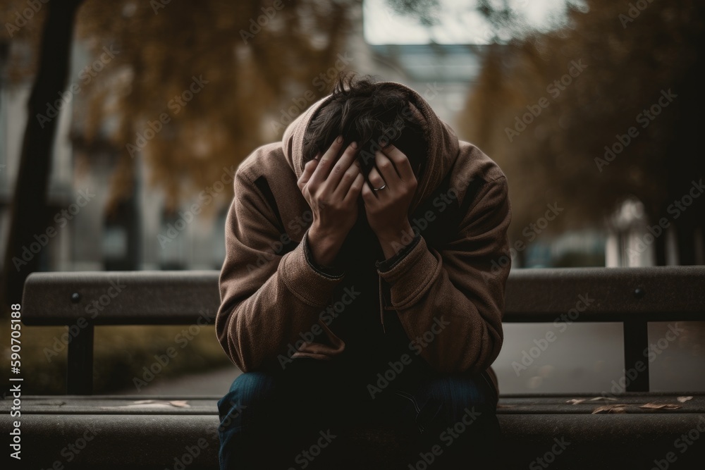 Image Of Man Sitting On Bench With His Head Down And Hands Covering His
