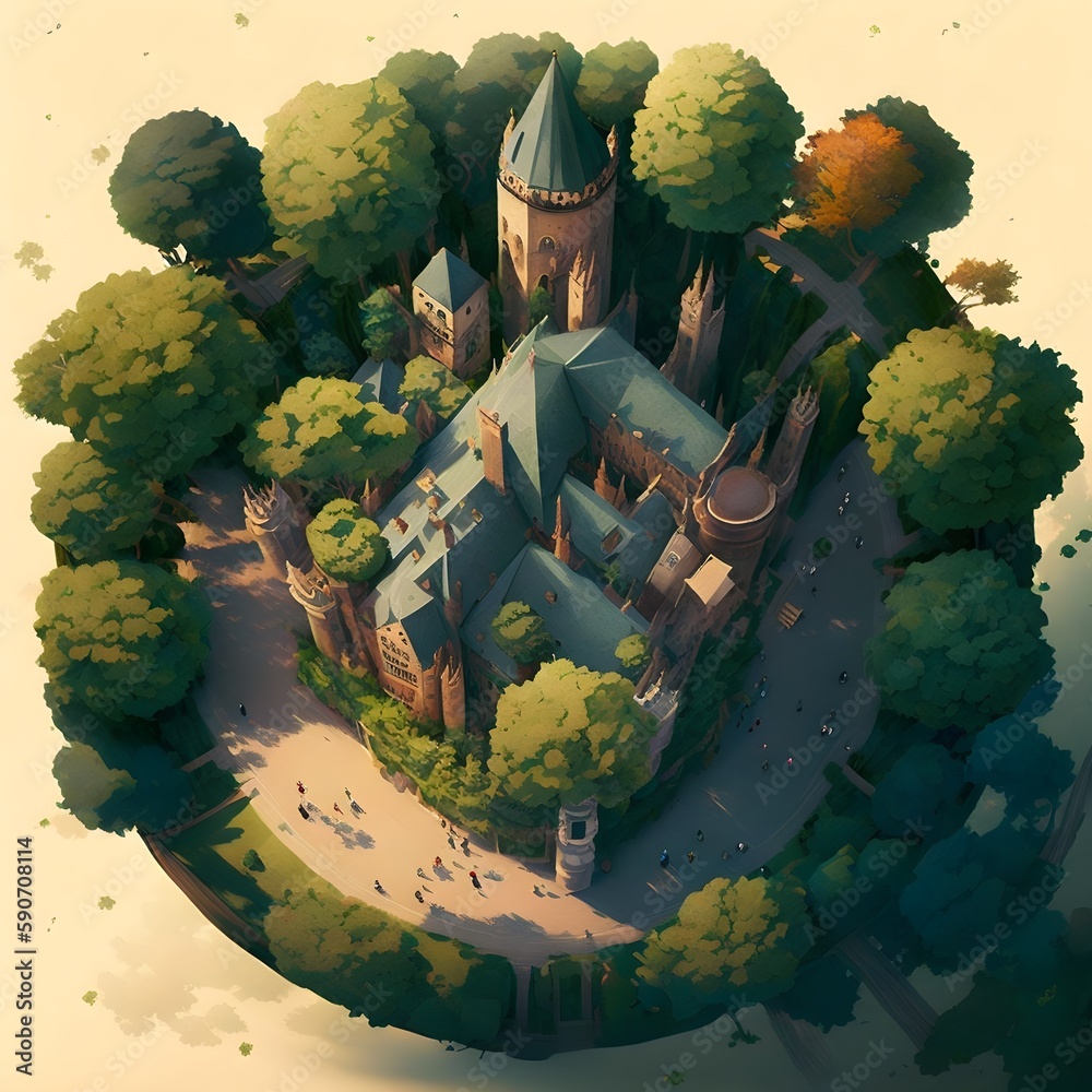 trees and medieval castles conical perspective top view aerial ...