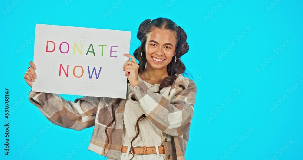 Video Stock Face, smile and woman with donate now sign, poster and ...