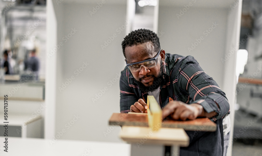 A Carpenter carefully measures, marks dimensions, and lays out ...