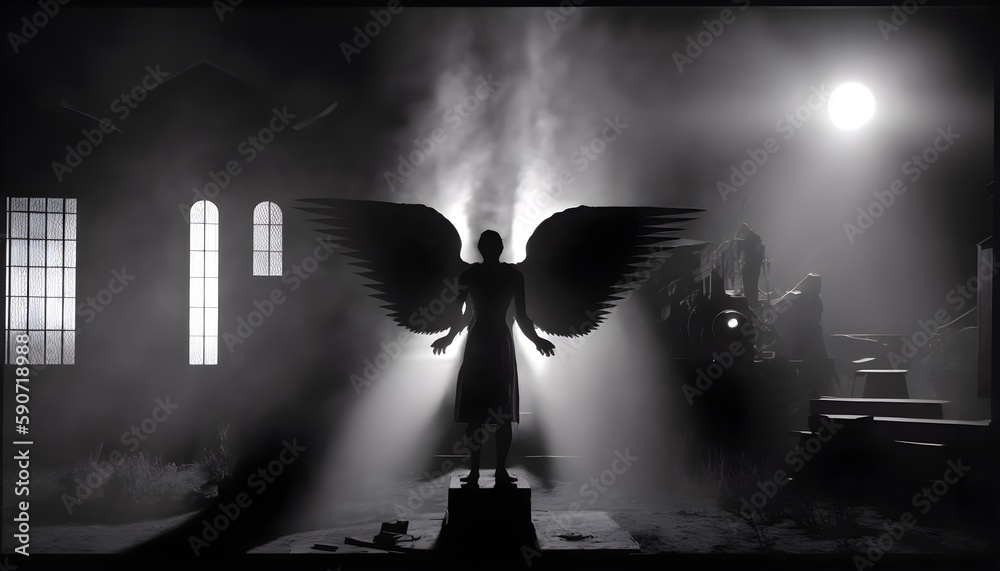 a silhouette of a falling angel in the haze a gleam of the blade ...