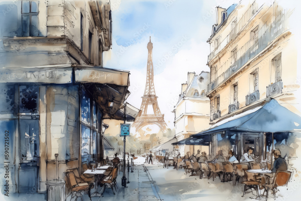 Spring Paris street in blue and beige watercolour sketch drawing, ai ...