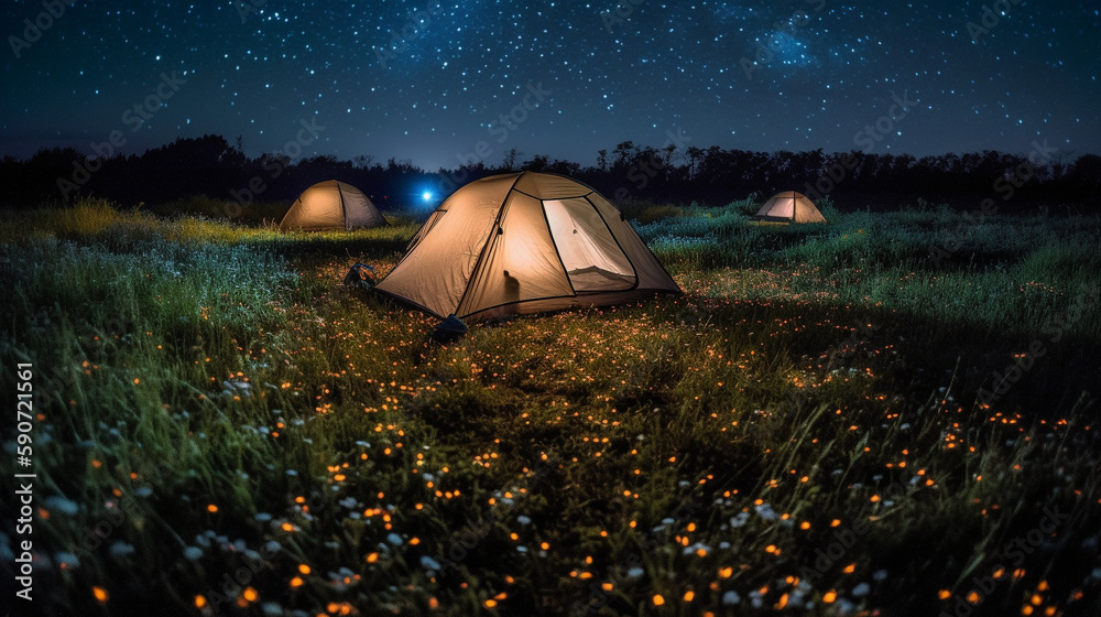 Camping on an open field in the summer. Generative AI Stock ...