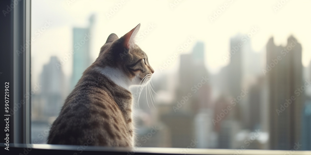 City Cat Gazing Out Window at Skyscrapers ilustração do Stock | Adobe Stock