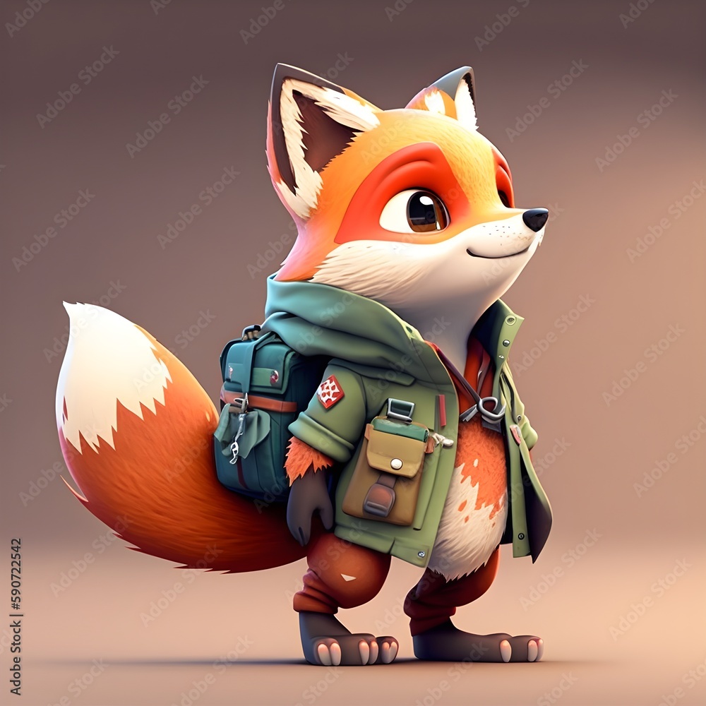 a cute cartoon fox character wearing adventure clothes Pixar style no ...