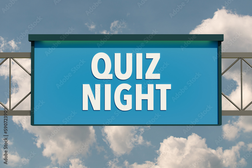 Quiz night, road sign. Highway board with blue sky and clouds and the ...