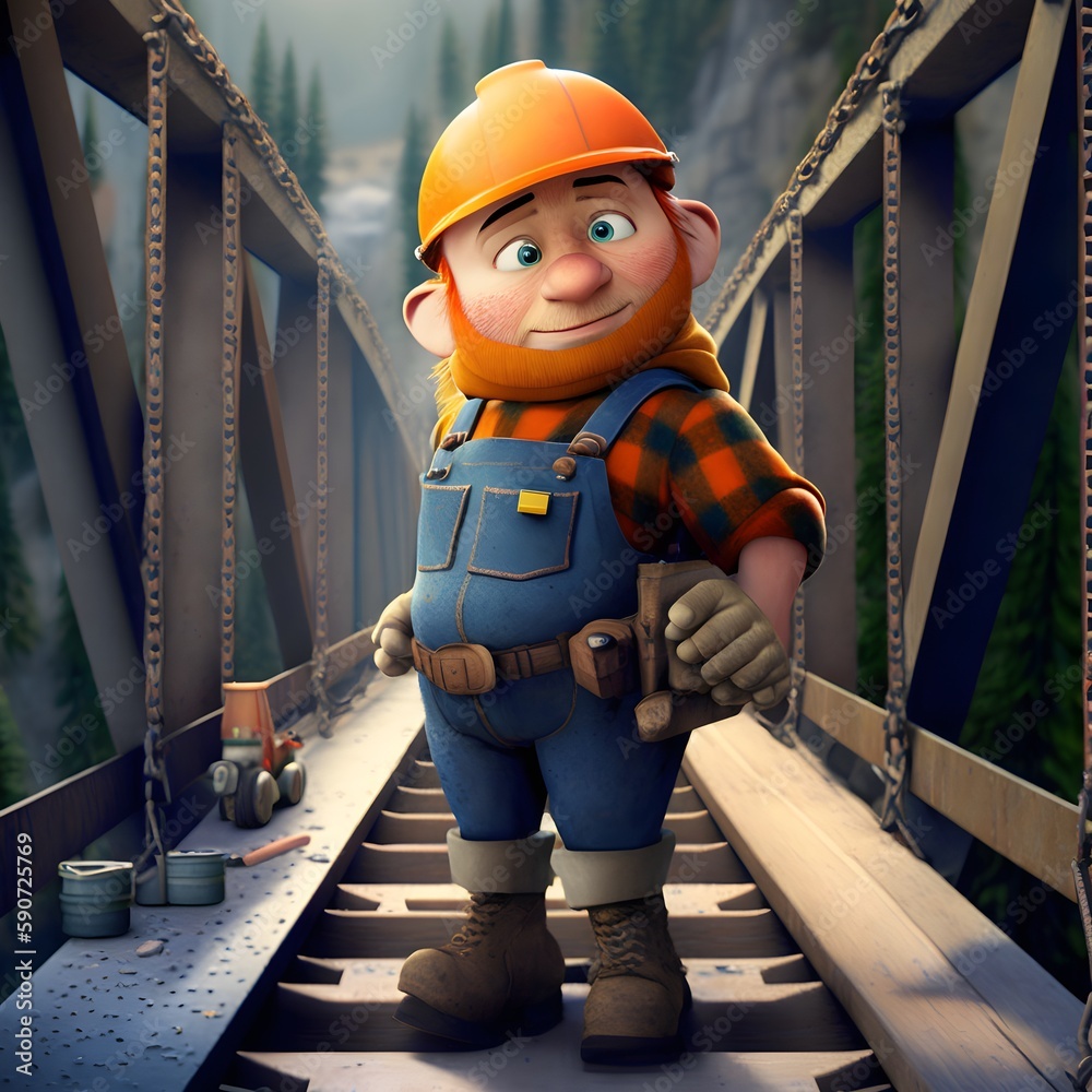 Character A welcoming Bob the builder in a sturdy illuminated bridge ...