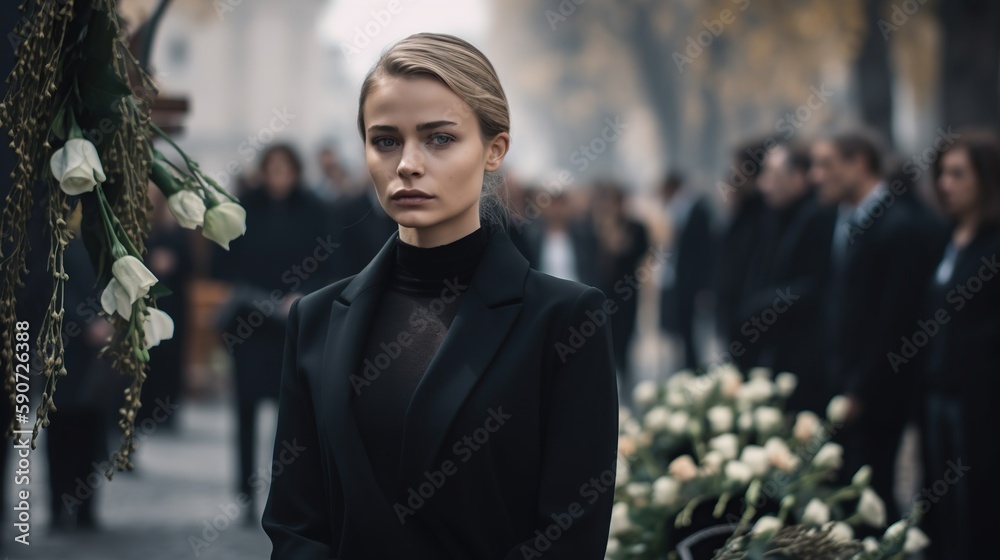 Portrait of beautiful sad woman wearing black clothes at funeral scene ...