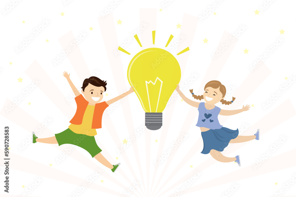 Happy caucasian kids in jump. Successful team holds idea bulb. Smart ...