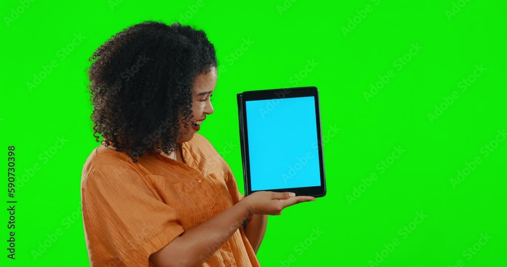 Woman, tablet and surprise face by green screen, studio or mockup for ...