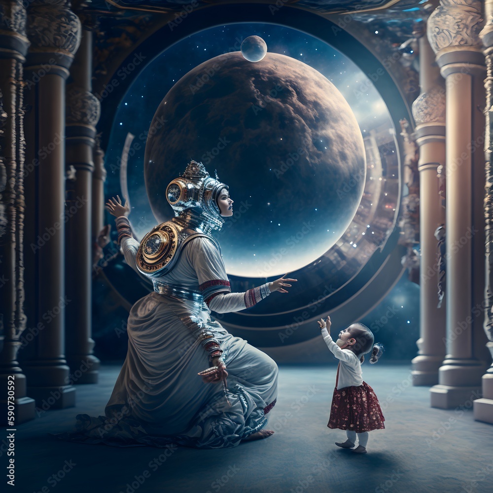 krsna and a mom with her child dancing in the space with astronaut ...