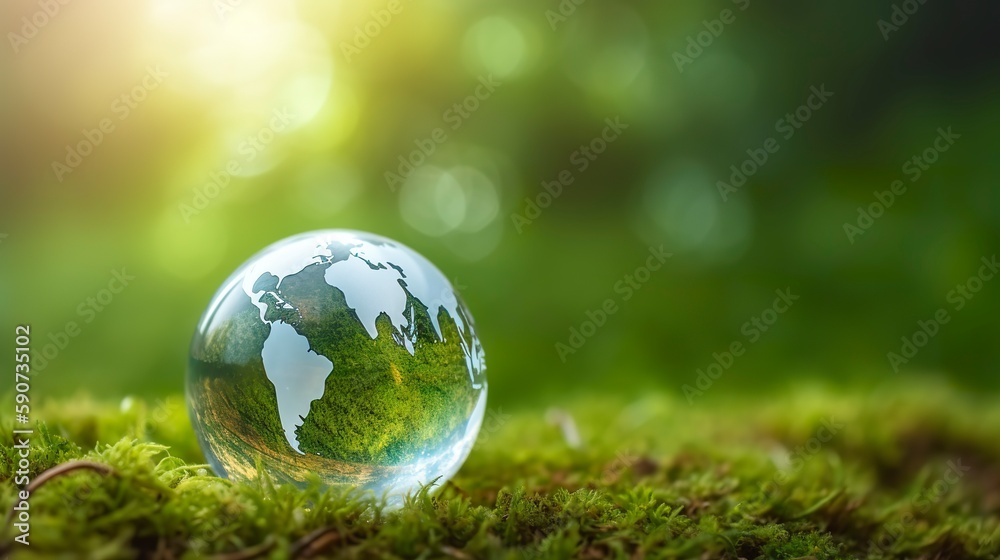 a glass globe concept day earth save the world save environment the world is in the grass of the ...
