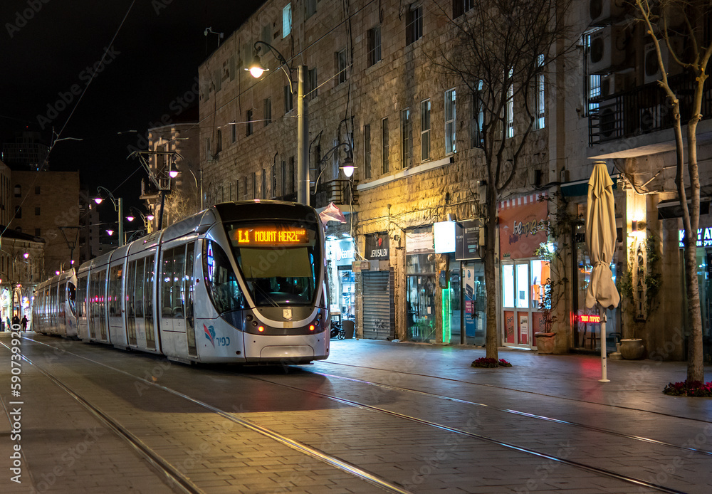 Jerusalem tram light rail train, Jerusalem downtown, Jaffa street ...