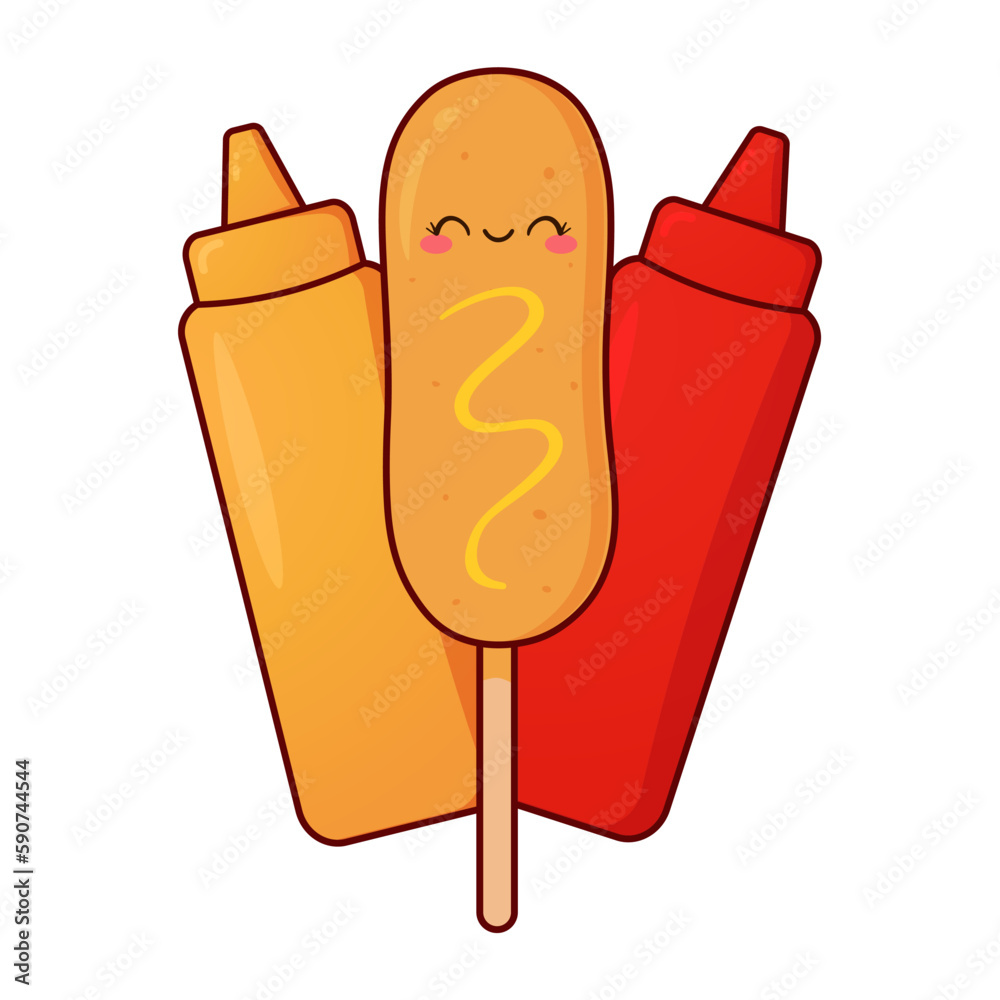 Vetor de Cute corn dog with sauce bottle. Kawaii character. Cartoon ...