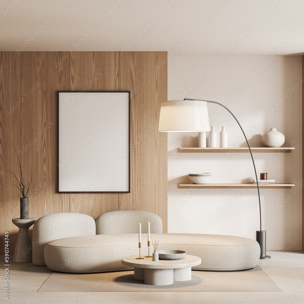 Cozy lounge zone interior couch and shelf with decoration, mock up ...