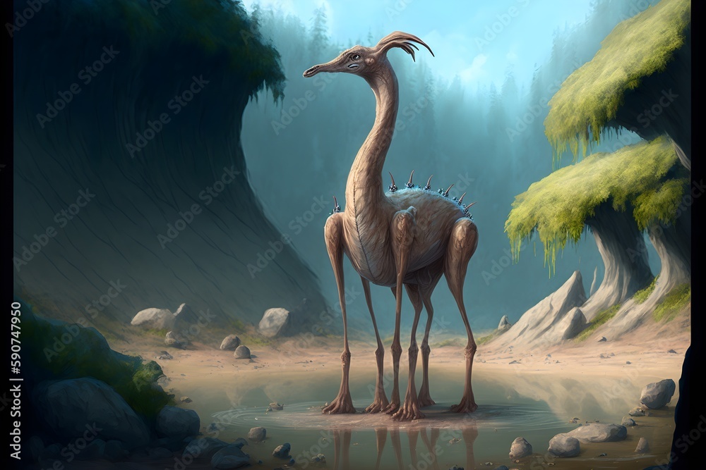 long necked creature full body in nature environment realistic fantasy ...
