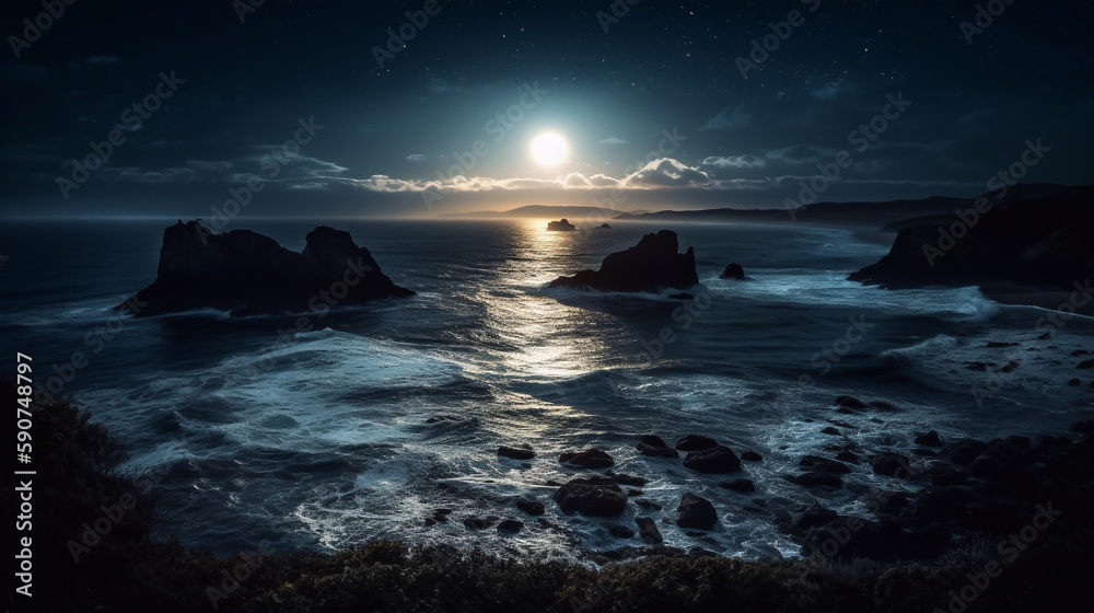 moonrise scene over the vast ocean with rocky cliffs and foamy waves ...