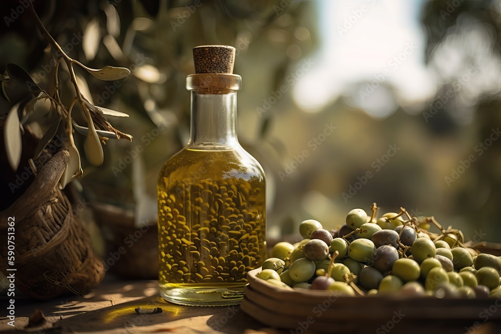 olive oil surrounded by olives, aesthetic image, generative ai Stock ...