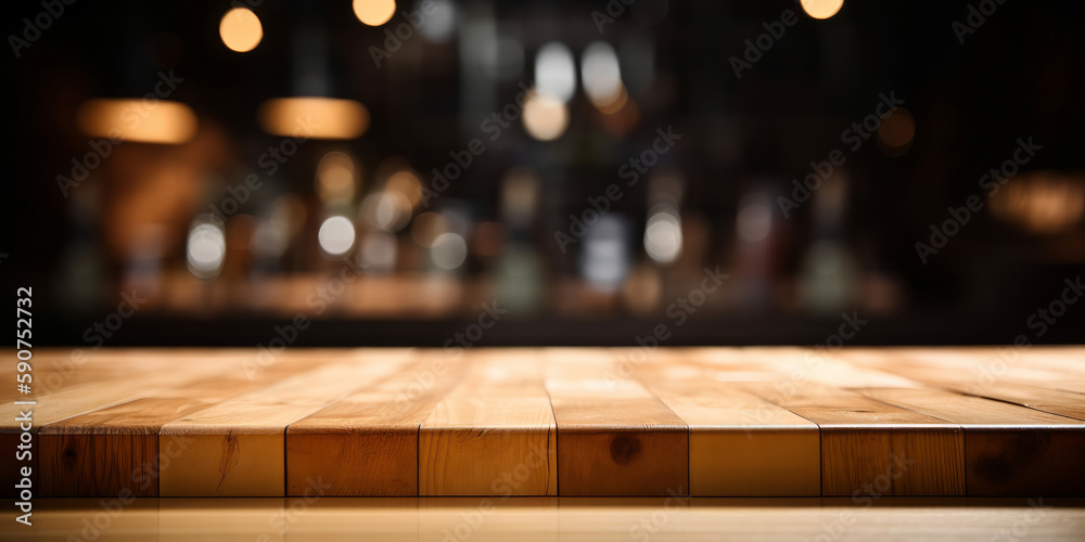 An empty wooden counter table top for product display in a pub or bar ...
