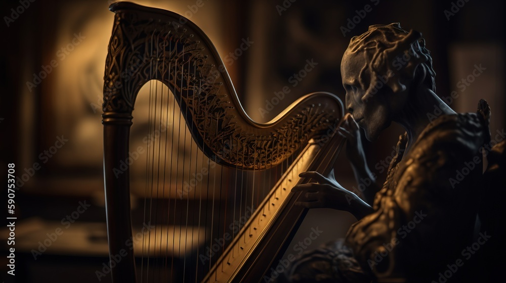 a statue of a man playing a harp in a dark room with a light on the ...